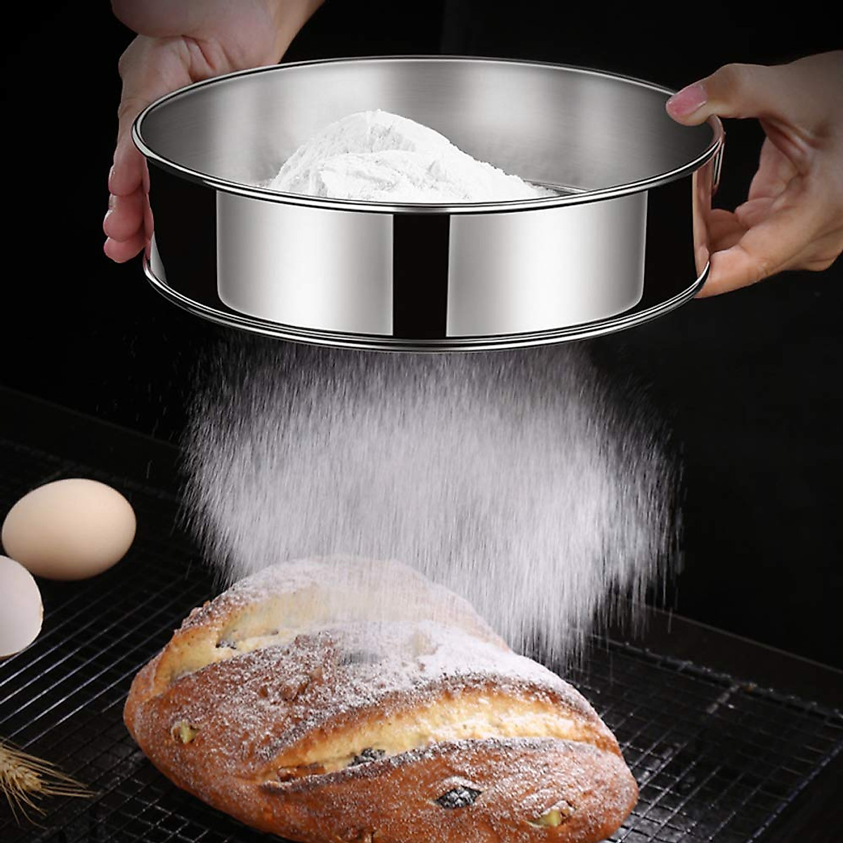 2 Pack Flour Sifter for Baking,Stainless Steel Fine Mesh Strainers,60 Mesh Round Sifter Steel for Baking Cake Bread (8-Inch and 10-Inch)