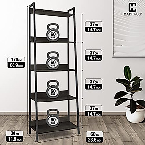 CAPHAUS 5 Tier Ladder Bookshelf, 24 Inch Width Free Standing Shelf, Bookcase Shelf Storage Rack Organizer, Industrial Book Shelves for Home Office, Living Room, Kitchen, Black Wooden Shelves