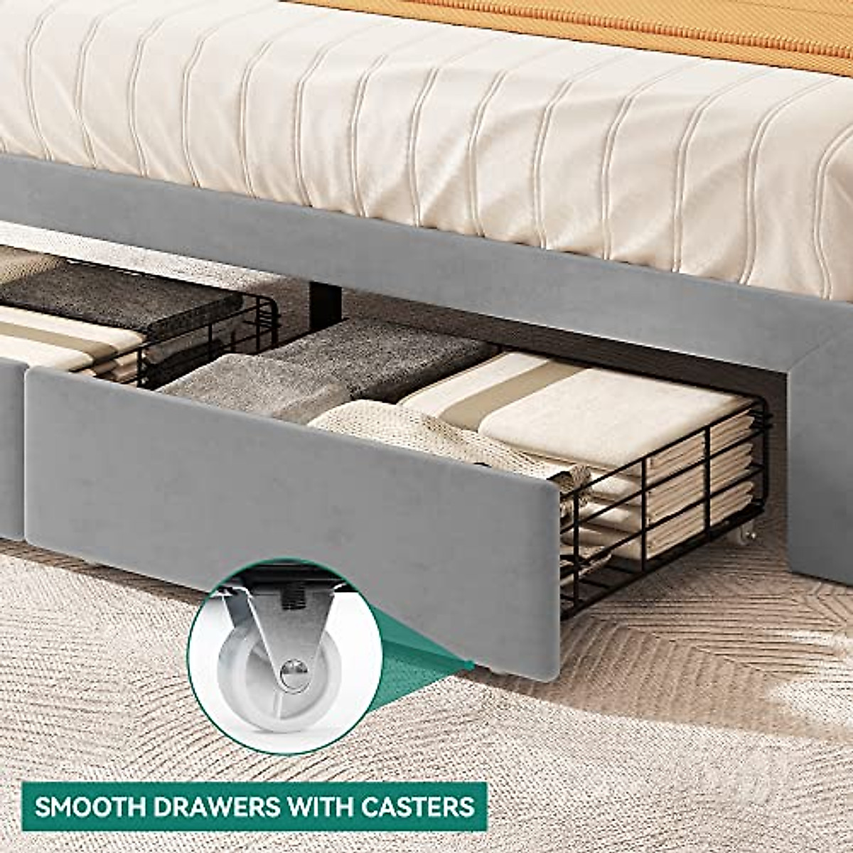 YITAHOME Queen Bed Frame with Storage Drawers, Upholstered Headboard, USB Charging Ports, Wood Slats Support, Grey