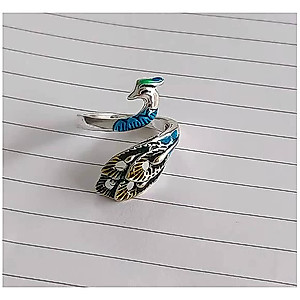 Vintage Enameled Peacock Ring for Women Girls Silver Plated Statement Adjustable Expandable Animal Open Band Finger Rings Comfort Fit Boho Delicate Mother's Day Christmas Jewelry