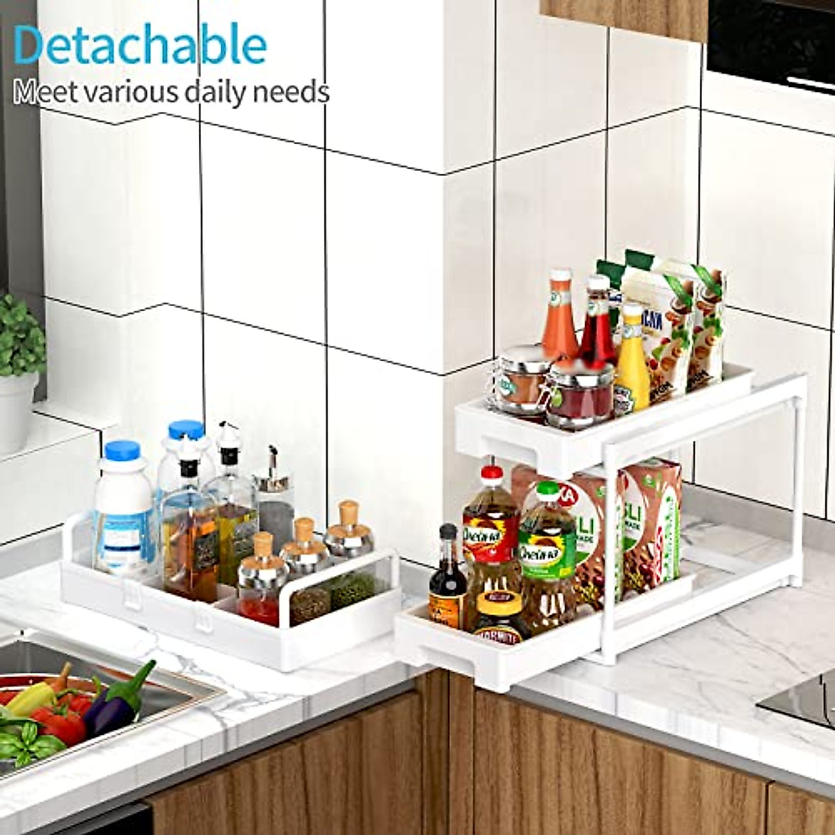 SPACEKEEPER Rolling Storage Cart, Slide Out Bathroom Organizer 3-Tier Laundry Room Organization Shelf Mobile Utility Cart with Hanging Cups, Dividers for Kitchen Bathroom Narrow Spaces, White