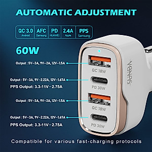SUNDA 60W USB C Fast Car Charger, 4-Ports Car Charger Adapter, Dual Type C PD30W/PPS30W Compatible with iPhone16/15 Pro/Max/iPhone14/iPad Pro/Galaxy/SamsungS24, Dual USB-A 18W QC3.0 for Android