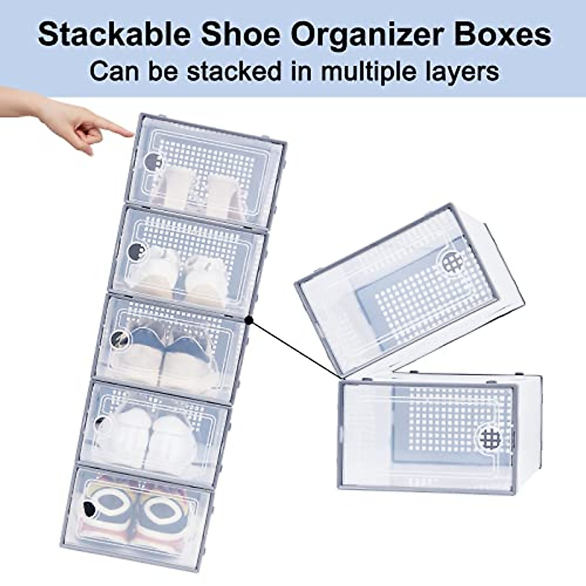 MecTo Shoe Organizer 12 Pack Clear Plastic Shoe Storage Foldable Stackable Closet Shoe Organizer Front Opening Shoe Storage Boxes Space Saving Sneaker Shoe Organizer for Closet Bedroom Multi-use