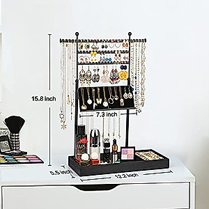 SOLIMINTR Jewelry Organizer, Jewelry Stand with Necklace Display Holder 3 Tier Earring Organizer Rustic Wood Base Tray with Ring Stand Jewelry Storage Tower for Women Girls Gift