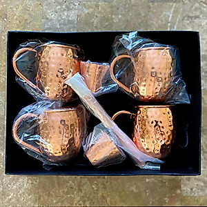 SciencePurchase Set of 4 Pure Copper Moscow Mule Mugs Gift Set with 4 Copper Cocktail Straws and 2 Shot Glasses, Each Hammered Mug Holds 18 Ounces