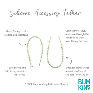 Bumkins Pacifier Clip Feeding Supplies for Baby Girl or Boy, Toy Straps for Sippy Cup, Teether, Stroller Accessories, Platinum Silicone Accessory Tether Leash, Safe for Teething Babies, Sage Green
