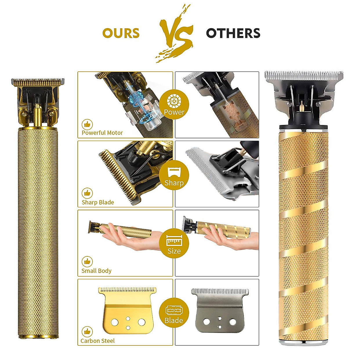 Professional Electric Pro Li Outliner, 0mm Baldheaded Hair Clippers for Men Barber Grooming Cordless Rechargeable Close Cutting T-Blade Trimmer Haircutting Beard Shaver Barber (Gold)