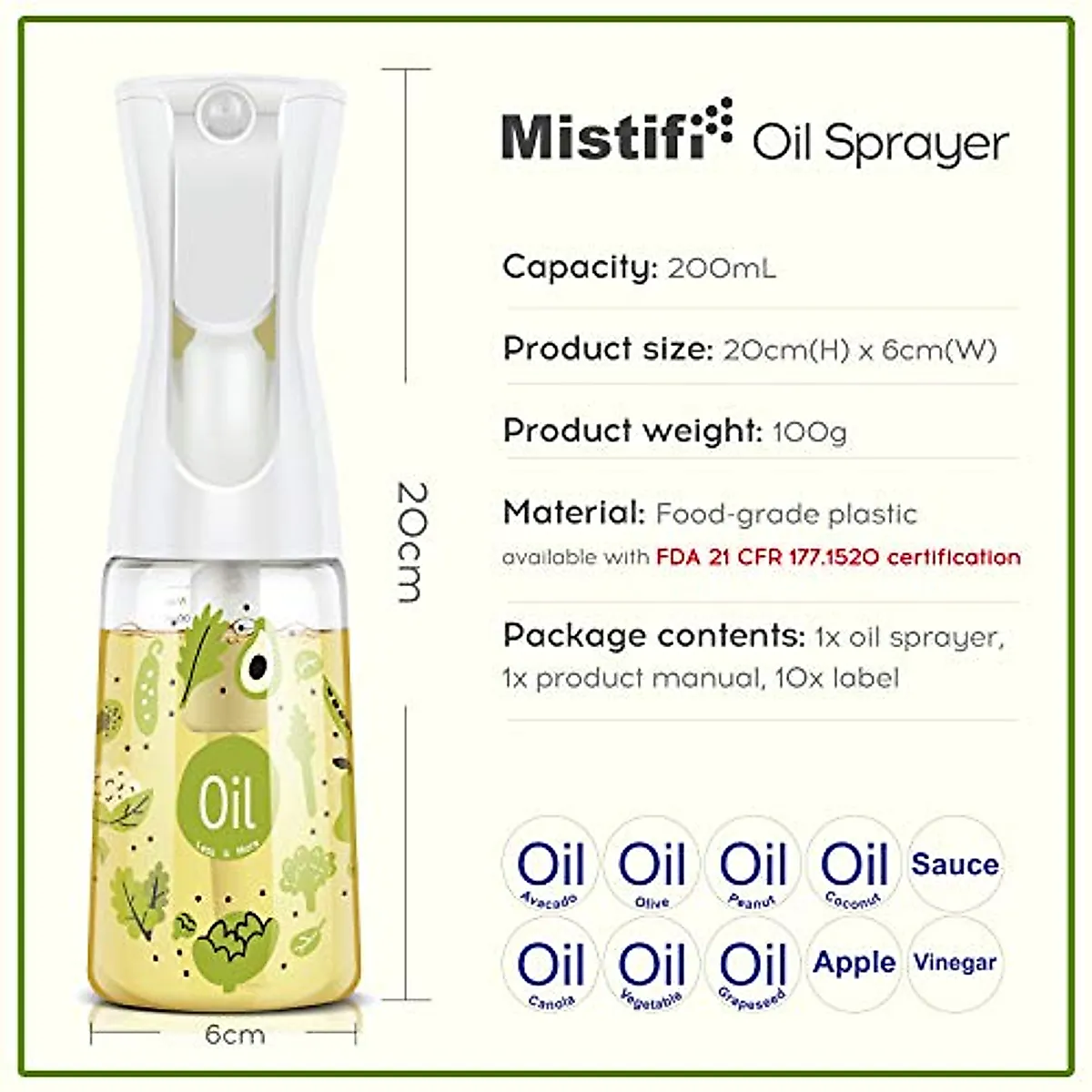 Mistifi Oliver Oil Sprayer for cooking, Spray bottle 6oz, Non-Aerosol Refillable Dispenser Oil Mister FS601 Green Vegetable