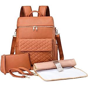 Diaper Bag Backpack Leather Baby Bag with Multiple Pockets, Changing Station, Stroller Straps, Large Capacity for Wet Clothes, Breast Pump, Milk Bottle Brown