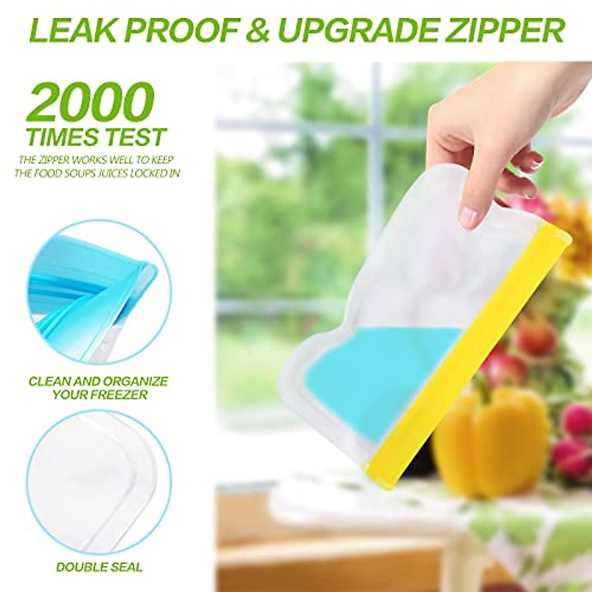 16 Pack Reusable Food Storage Bags BPA FREE,Leakproof Silicone Freezer Bags for Lunch Marinate Food Travel - 4 Gallon 6 Sandwich 6 Snack Bags