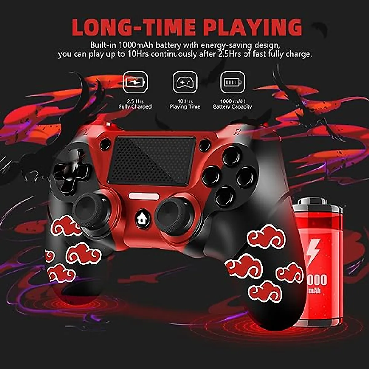 FTFVaska Wireless Controller for PS4 Compatible with PS4/Slim/Pro, Gamepad with Enhanced Dual Vibration/Analog Sticks/6-Axis Motion Sensor/Charging Cable/Thumb Caps! (Red Cloudy)