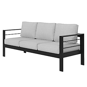 Wisteria Lane Patio Furniture Aluminum Sofa, All-Weather Outdoor 3 Seats Couch, Black Metal Chair with Light Grey Cushions