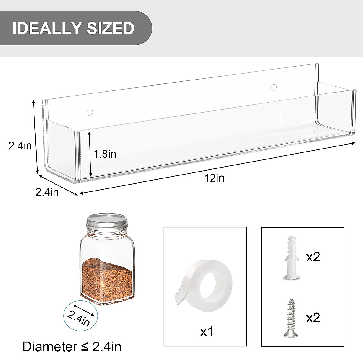 PMMASTO Adhesive Acrylic Spice Rack Organizer for Wall with Nano Double Sided Tape, Spice Shelf Organization for Kitchen Cabinet Door/Pantry Door, Wall Mount Seasoning Rack (Clear-2 Pack)