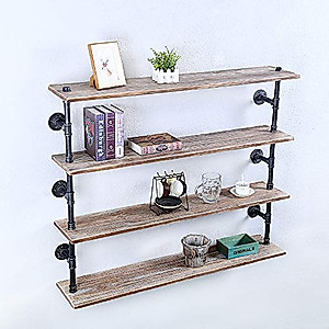 GWH Industrial Pipe Shelf Wall Mounted,Steampunk Real Wood Book Shelves,4 Tier Rustic Metal Floating Shelves,Wall Shelving Unit Bookshelf Hanging Wall Shelves,Farmhouse Kitchen Bar Shelving(48in)
