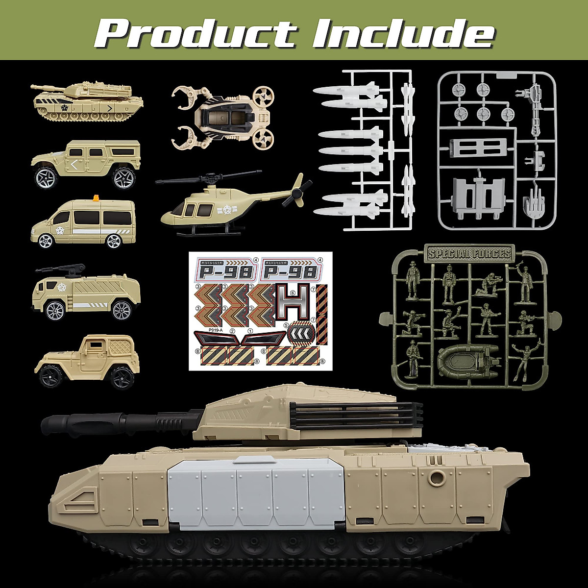 XDUOYJOY Military Tank Toy Sets, Army Toys with 7 Vehicles, Army Men Trucks Helicopter Birthday Gift for Boys Age 4-7, Easy to Store