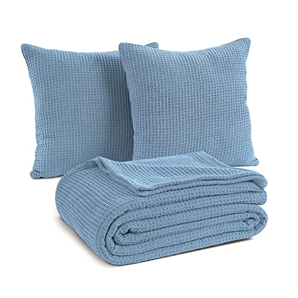 HILLFAIR 100% Cotton Blanket with 2 Throw Pillow Cover 18x18 Inch - 102x108 Inch California King Size Bed Blankets- Soft Breathable Blankets– Extra Large Oversized Cotton Blankets- Blue Bed Blankets