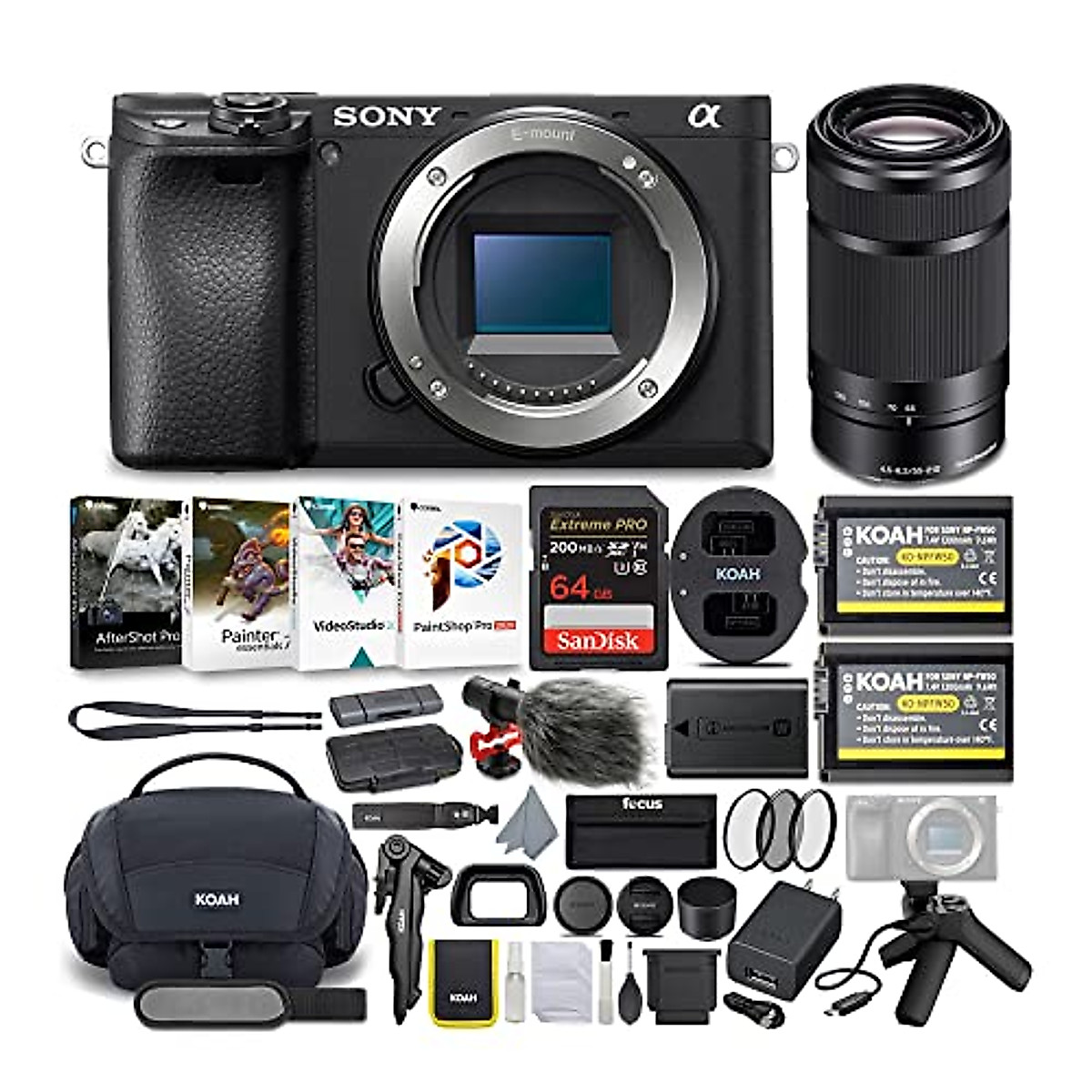 Sony Alpha a6400 Mirrorless Digital Camera (Body Only) Bundle with E-Mount Lens (Black), Shooting Grip and Tripod, Camera System Gadget Bag, 64GB Memory Card, 1300mAh Battery (2-Pack) (11 Items)