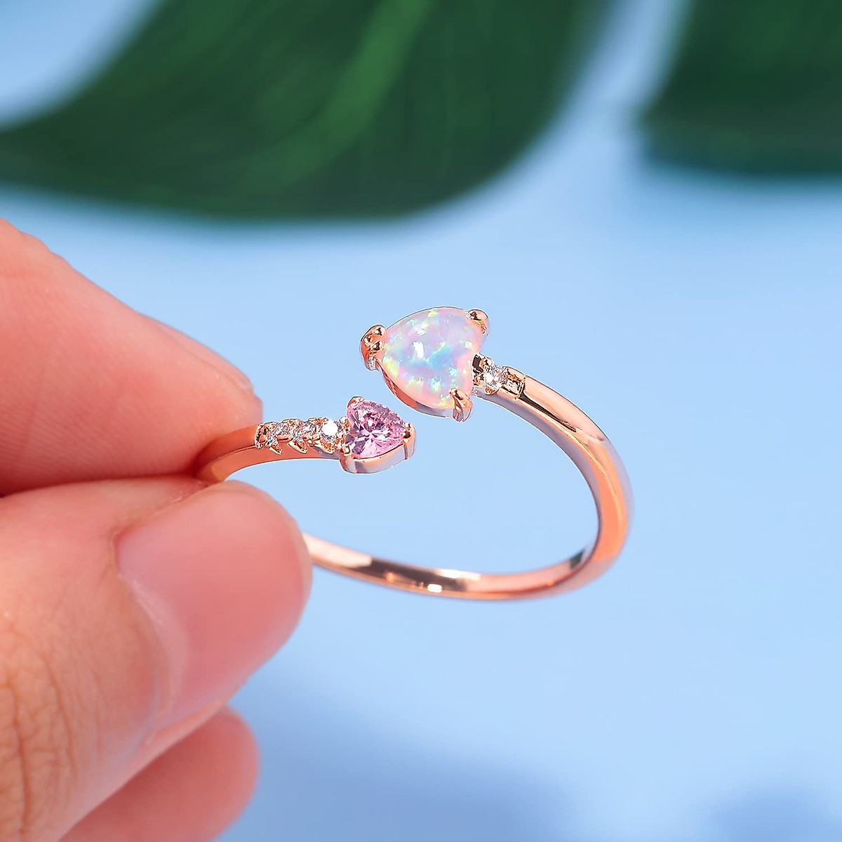 Larsidor 14K Rose Gold Plated Adjustable Heart Opal Ring for Women Ladies Stacking Rings Pink Fire Opal Jewelry