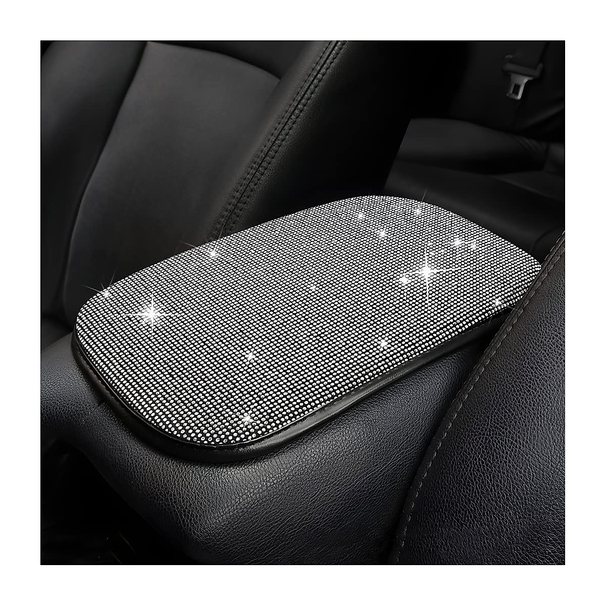 Bling Center Console Cover, Diamond Fashion ArmRest Pad, Crystal Soft Arm Rest Protective Cushion, Car Accessories for Women Girls, 11.8"×8.5" for Most of Vehicles, SUVs, Trucks (Black&White)