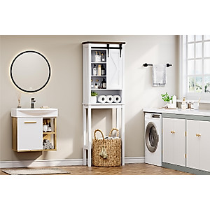 GarveeHome Over The Toilet Storage Cabinet, Farmhouse Storage Cabinet Over Toilet with Sliding Barn Door & Adjustable Shelves, above Toilet Organizer for Bathroom, White