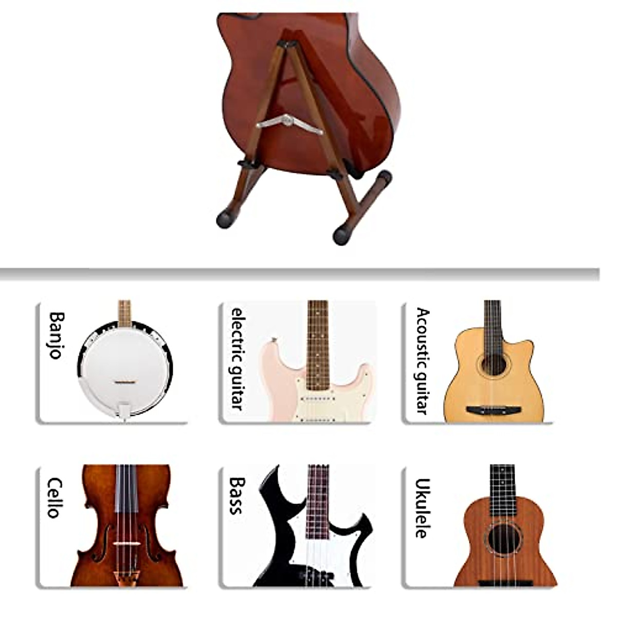 JORGTYRA Wooden Acoustic Guitar Stand, Adjustable Guitar Floor Stand, A Frame Folding Acoustic Electric Guitar Holder with Foam Padded for Bass, Cello, Mandolin, Banjo, Ukulele