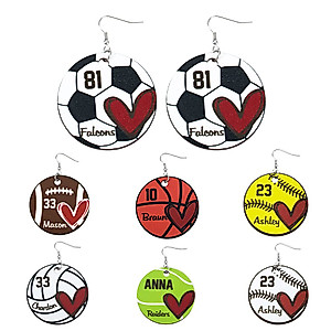 Custom Football Earrings for Women Cute Softball Earrings Lightweight Basswood Personalized Name Number Sport Drop Dangle Earrings Baseball Basketball Volleyball Tennis Soccer Gifts For Mom