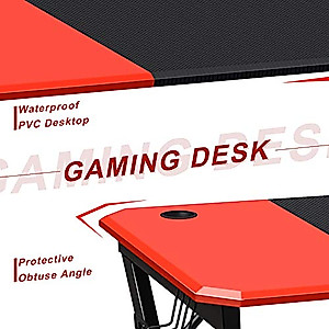 POWERSTONE Gaming Desk - Computer Desk 47" with Cup Holder Audio Stands Headphone Hook and 2 Cable Management Holes Large Gamer Workstation for Kids Adults, Z-Shaped, Red