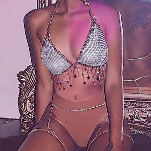 Women Sparkly Rhinestone Mesh Halter Bra Top Sequins Stars Chest Bikini Halter Crop Top Body Chain Jewerly for Festival Party Top