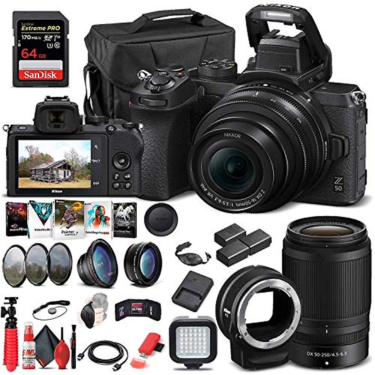 Nikon Z 50 Mirrorless Digital Camera with 16-50mm Lens (1633) + 50-250mm Lens + FTZ Mount Adapter + 2 x EN-EL25 Battery + 64GB Card + Case + Corel Photo Software + More (International Model) (Renewed)