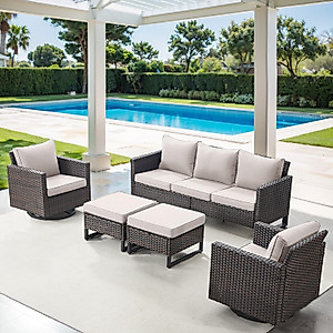 Artfurniz 5 Piece Wicker Patio Furniture Set - Outdoor Swivel Rocker Chairs Set with 3 Seat Sofa and Ottomans, Small Patio Conversation Sets Proch Furniture for Balcony Deck - Brown/Beige