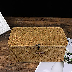 STOBAZA 3pcs Toy Multipurpose Basket, Decor| Lids Room Handwoven Remote Decorative Desk Baskets Basket Seaweed Xx. Bin Seagrass Storage Living Rectangular Shelf Woven Sundries S Cover