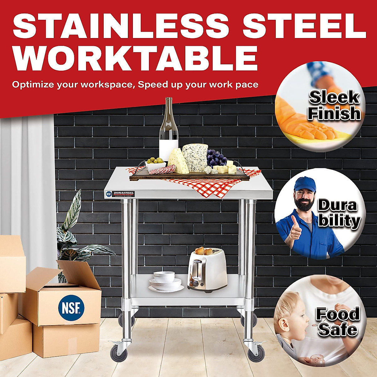 DuraSteel Food Prep Stainless Steel Table - 24 x 30 Inch Metal Table Cart - Commercial Workbench with Caster Wheel - NSF Certified - For Restaurant, Warehouse, Home, Kitchen, Garage, Chrome