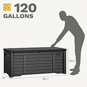 DWVO 120 Gallon Louvered Outdoor Storage Box, Lockable Resin Deck Box for Pillows, Tools, and Pool Supplies - Black