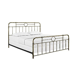 Walker Edison Vintage Antique Metal Iron Pipe King Size Bed Headboard Footboard Bed Frame Bedroom, King, Bronze
