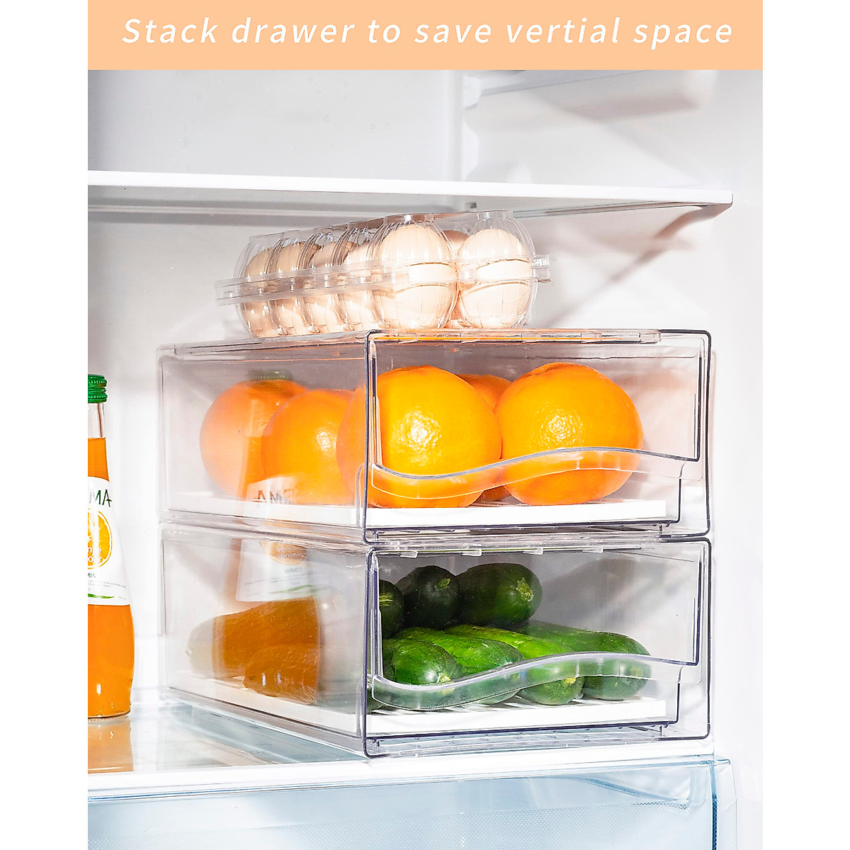 Ornafort Fridge Organizer Bins, Clear Stackable Refrigerator Drawers Pull Out, Reusable Food Storage Containers for Kitchen, Freezer, Pantry, Office, Closet, as ​Gift (2 Drawers, Large)