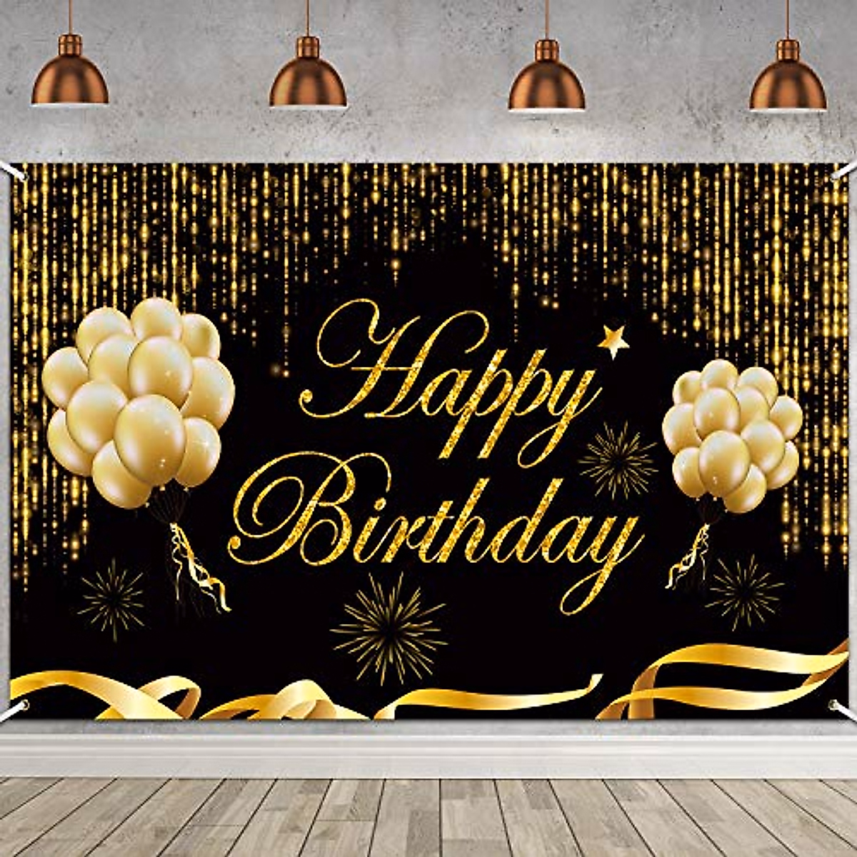 6 x 3.6ft Happy Birthday Party Backdrop Banner, Large Fabric Washable Glitter Sign Poster Background for 30th 40th 50th 60th 70th 80th Birthday Party Supplies Decorations (Black Gold)