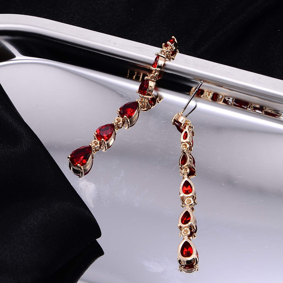 Red CZ Linear Earrings for Women Sterling Silver Teardrop Cubic Zirconia Crystal Rhinestone Bridal Dangle Drop Post Earrings for Wedding Prom Party
