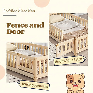 Twin Floor Bed with Rails and House-Shaped Headboard Kids Bed Frame with Fence and Doors Twin Size Wood Montessori Floor Bed for Baby Girls Boys, Natural