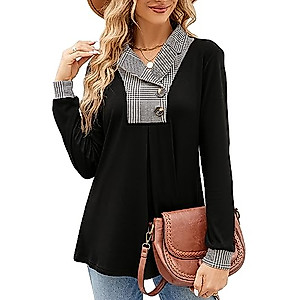 Newchoice Women Tunic Sweatshirt Work Summer Lapel Collar Long Sleeve Shirt Sweatshirts Pullover Blouse Tops(01Black White.XL)