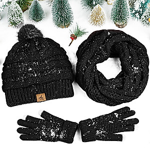 Winter Beanie Hat Scarf Gloves Set, Soft Warm Knit Hat Warm Touchscreen Gloves Neck Warmer Thick Knitted Scarves for Women Black