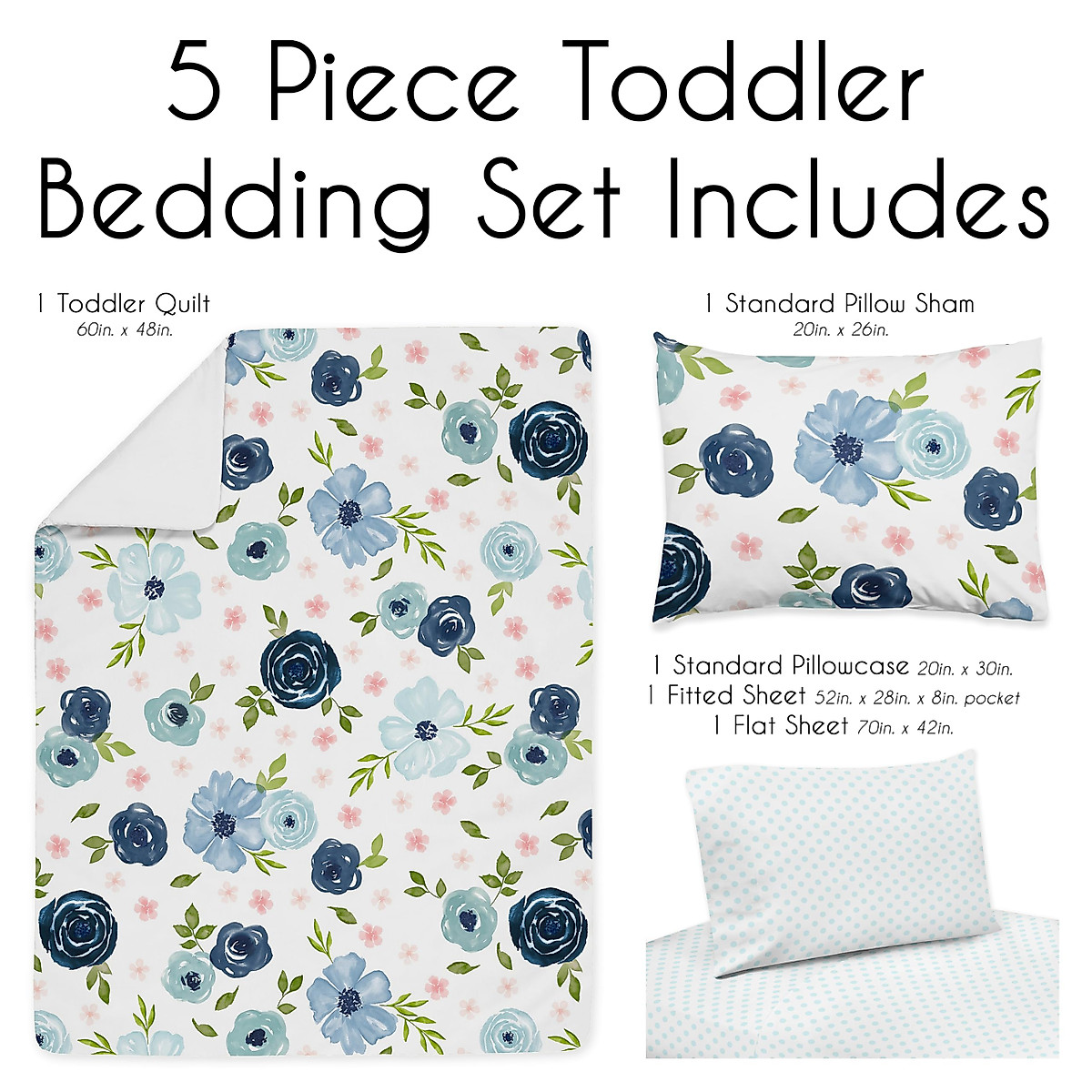 Sweet Jojo Designs Navy Blue and Pink Watercolor Floral Girl Toddler Kid Childrens Comforter Bedding Set - 5 Pieces Comforter, Sham and Sheets - Blush, Green, White Shabby Chic Rose Flower Polka Dot