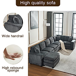 Hujota Oversized Modular Sectional Sofa, Modern U-Shaped Corduroy 7-Seat Sofa Couch with Ottoman & 3 toss Pillows, Deep Sofa Lounger, Comfy Upholstered Sofa for Living Room Apartmen (Grey)