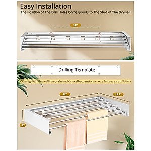 Vasunray Wall Mounted Clothes Drying Rack Folding Indoor, Foldable Laundry Drying Rack Collapsible,Invisible, Space Saving, Retractable Towel Drying Rack, with Wall Template(5 Drying Rods, White 32")