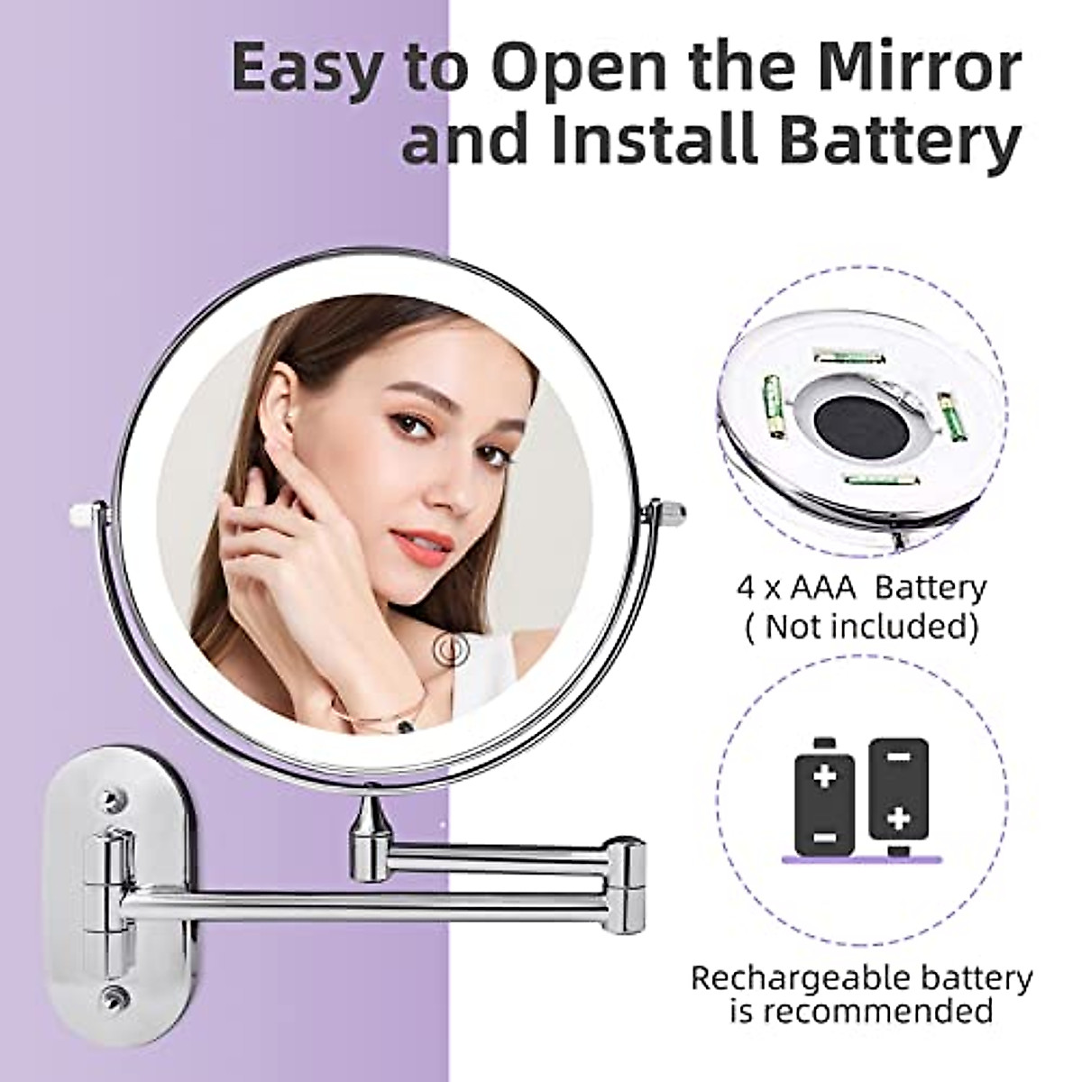 Wall Mounted Lighted Makeup Mirror, 1X 10X Magnifying Mirror with Light 3 Color Dimmable, 8'' Double Sided LED Light up Bathroom Vanity Mirror with Magnification, 360° Extendable Arm Shaving Mirror
