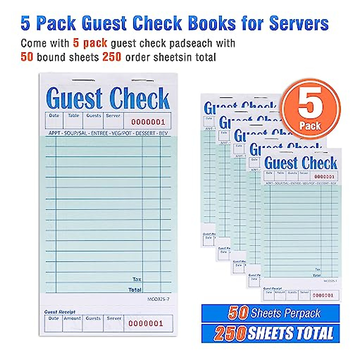 Guest Checks Book 5 Pack, Server Note Pads, Waitress Accessories Wirting Pad, Restaurant Supplies Order Pad Total 250 Sheets