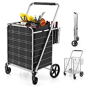 Goplus Shopping Cart for Groceries, Jumbo Upgraded Folding Grocery Cart with Waterproof Liner, 330 LBS Weight Capacity, 360° Rolling Swivel Wheels and Double Basket, Heavy Duty Foldable Utility Cart