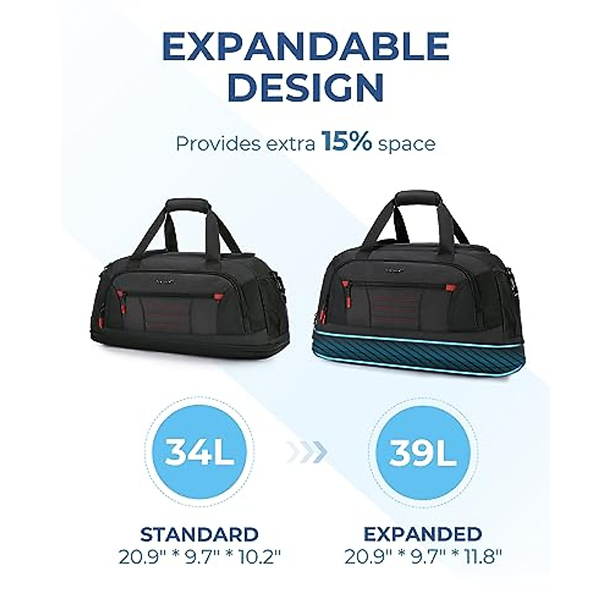 Gym Bag for Men Women, BAGSMART Expandable Sports Travel Duffel Bag, Lightweight Workout Bag with Shoe Compartment & Wet Pocket, Water Resistant Weekend Overnight Duffle Bag for Travel Gym, Black