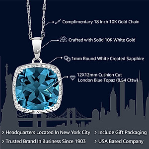 Gem Stone King 10K White Gold London Blue Topaz & White Created Sapphire Pendant Necklace For Women (8.54 Cttw, Gemstone Birthstone, Cushion Cut 12MM, with 18 Inch Chain)