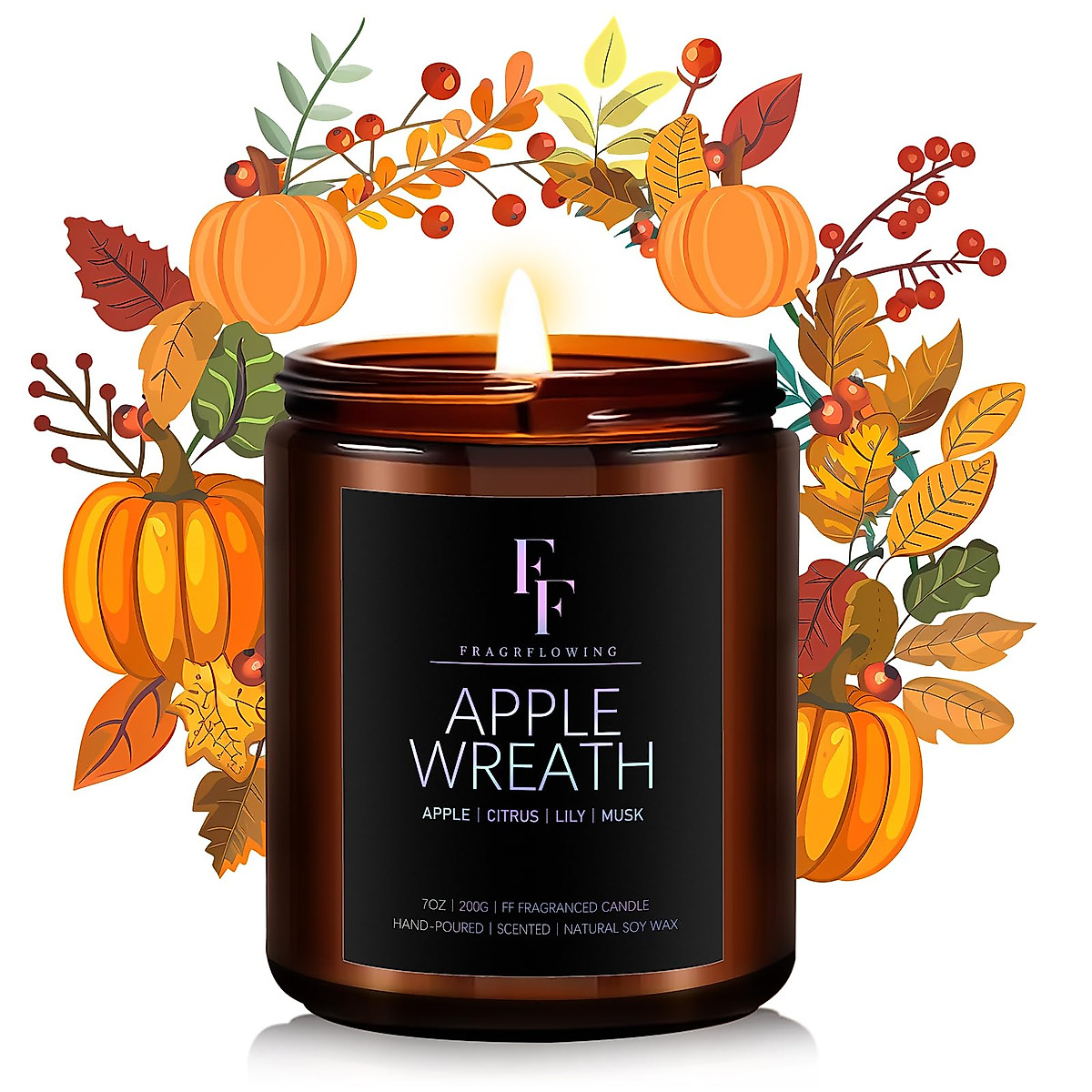 Fall Candle, Apple Wreath Scented Candles for Home, Natural Soy Autumn Candle Aromatherapy Candle, 7 oz Jar Candles Fall Gifts for Women Men
