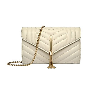Genuine Leather Clutch Crossbody Bag Quilted Evening Bag for Women Fashion Shoulder Clutch Handbag with Chain - White